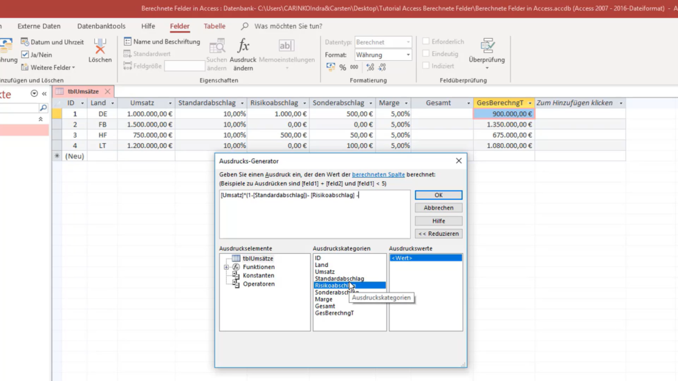 E-Learning Kurs: Berechnete Felder in MS Access | CARINKO Indra Kohl