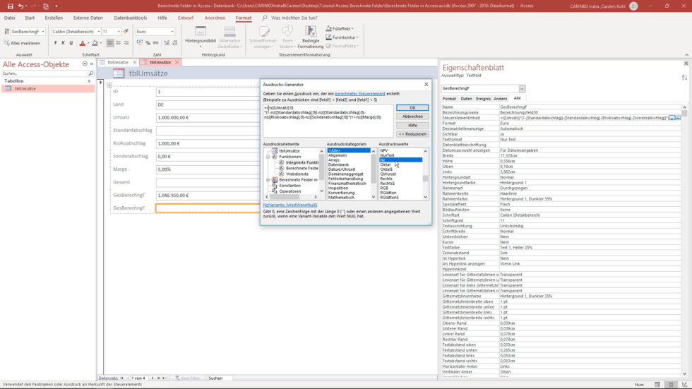 E-Learning Kurs: Berechnete Felder in MS Access | CARINKO Indra Kohl
