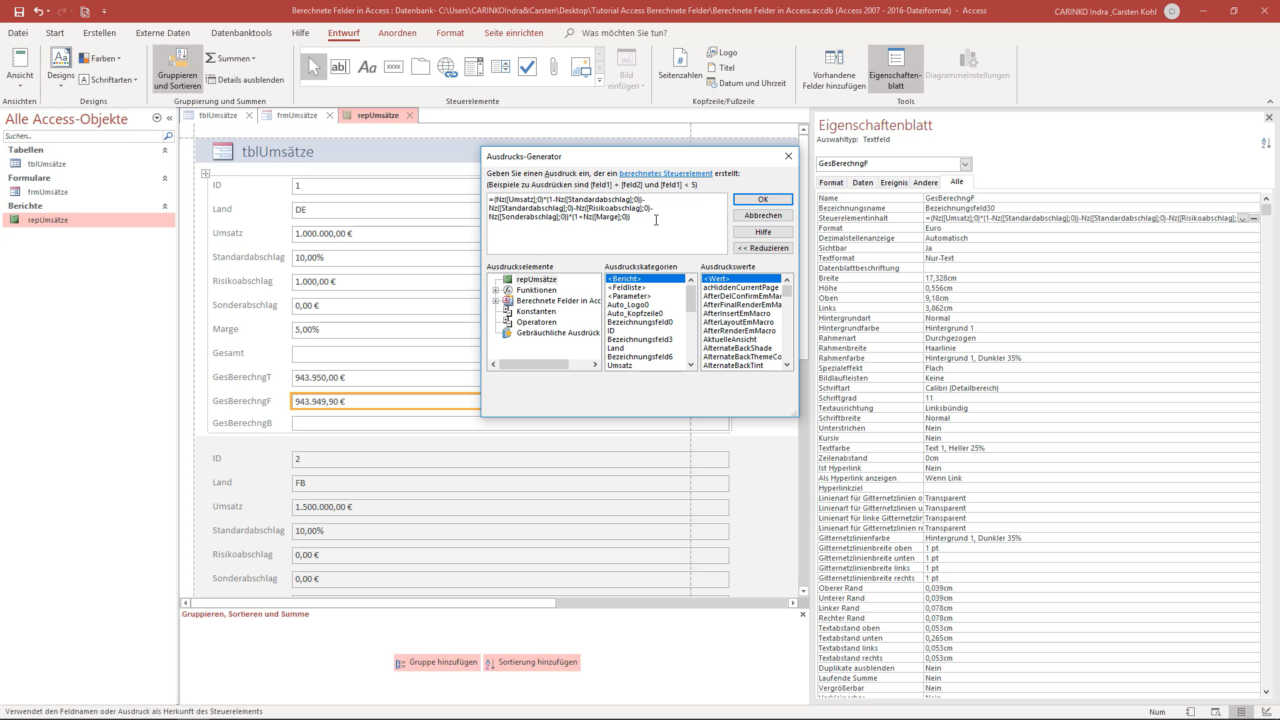E-Learning Kurs: Berechnete Felder in MS Access | CARINKO Indra Kohl